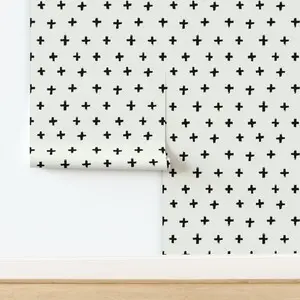 Spoonflower Plus Black White Geometric Geo Custom Pre-pasted Wallpaper
