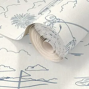 Spoonflower Black And White Blue Toile Golf Golfing Golfer 100% Natural Sisal Grasscloth Wallcovering Gray,blue
