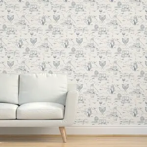 Spoonflower Black And White Blue Toile Golf Golfing Golfer 100% Natural Sisal Grasscloth Wallcovering - Gray,blue