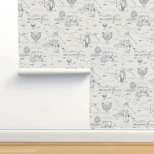 Spoonflower Black And White Blue Toile Golf Golfing Golfer 100% Natural Sisal Grasscloth Wallcovering - Gray,blue