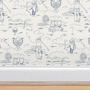 Spoonflower Black And White Blue Toile Golf Golfing Golfer 100% Natural Sisal Grasscloth Wallcovering - Gray,blue