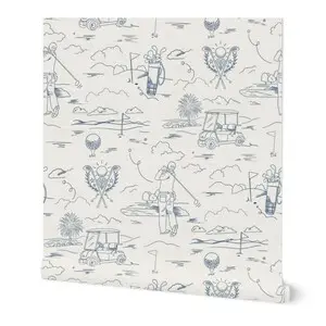 Spoonflower Black And White Blue Toile Golf Golfing Golfer 100% Natural Sisal Grasscloth Wallcovering - Gray,blue