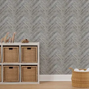 Spoonflower Grey Geometric Taupe Wood Herringbone Chevron Custom Pre-pasted Wallpaper