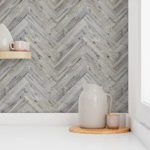 Spoonflower Grey Geometric Taupe Wood Herringbone Chevron Custom Pre-pasted Wallpaper