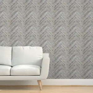Spoonflower Grey Geometric Taupe Wood Herringbone Chevron Custom Pre-pasted Wallpaper