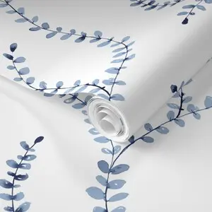 Spoonflower Blue Leaves Navy Vine Beach Indigo Seaweed Custom Pre-pasted Wallpaper - Gray,blue