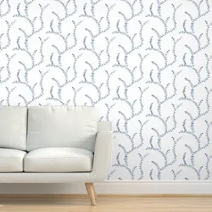 Spoonflower Blue Leaves Navy Vine Beach Indigo Seaweed Custom Pre-pasted Wallpaper