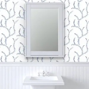 Spoonflower Blue Leaves Navy Vine Beach Indigo Seaweed Custom Pre-pasted Wallpaper