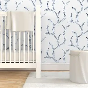 Spoonflower Blue Leaves Navy Vine Beach Indigo Seaweed Custom Pre-pasted Wallpaper