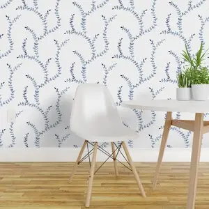 Spoonflower Blue Leaves Navy Vine Beach Indigo Seaweed Custom Pre-pasted Wallpaper