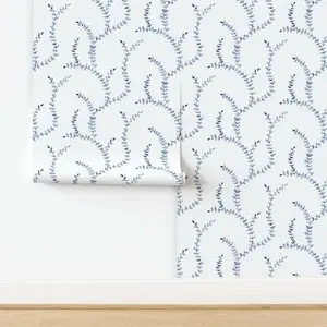 Spoonflower Blue Leaves Navy Vine Beach Indigo Seaweed Custom Pre-pasted Wallpaper