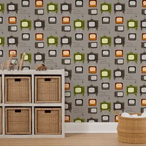 Spoonflower Vintage Retro Geek Technology Television Sets Custom Pre-pasted Wallpaper