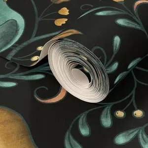 Spoonflower Bellanora Bird Art Nouveau 100% Natural Sisal Grasscloth Wallcovering - Black