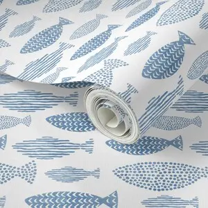 Spoonflower Watercolor Fish Sea Ocean Animals Custom Pre-pasted Wallpaper - Blue