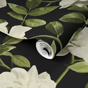 Spoonflower Black Background Olive Green Old Fashioned White Traditional Wallpaper - Green,sage,yellow