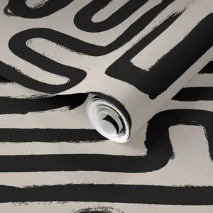 Spoonflower Abstract Wallpaper Paint Tribal Maze Snakes 100% Natural Sisal Grasscloth Wallcovering - Black
