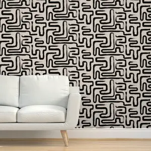 Spoonflower Abstract Wallpaper Paint Tribal Maze Snakes 100% Natural Sisal Grasscloth Wallcovering - Black
