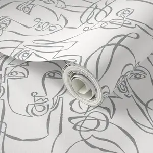 Spoonflower Faces Hand Drawn Doodle People Linear Line Traditional Wallpaper - White,gray
