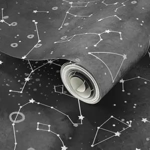 Spoonflower Constellations Black Watercolor Space Stars Custom Pre-pasted Wallpaper - Black,gray,white