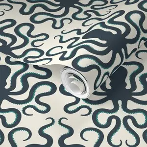 Spoonflower Navy Blue Octopus Custom Pre-pasted Wallpaper - Green,blue,gray