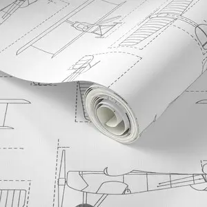 Spoonflower Flight School Gray Airplane Plane Custom Pre-pasted Wallpaper - White,gray