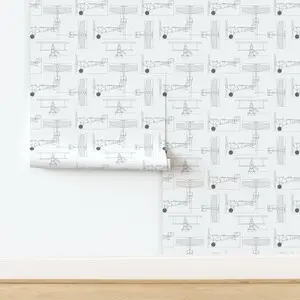 Spoonflower Flight School Gray Airplane Plane Custom Pre-pasted Wallpaper