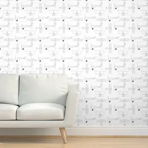 Spoonflower Flight School Gray Airplane Plane Custom Pre-pasted Wallpaper