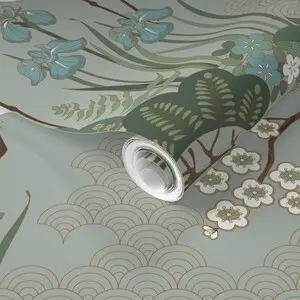 Spoonflower Asian Birds Japanese Sakura Cherry Blossom Cranes 100% Natural Sisal Grasscloth Wallcovering