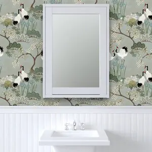 Spoonflower Asian Birds Japanese Sakura Cherry Blossom Cranes 100% Natural Sisal Grasscloth Wallcovering