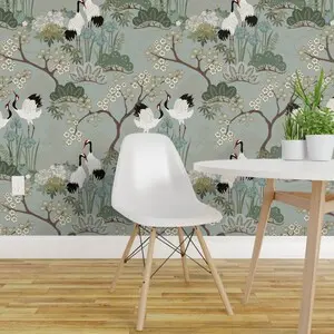 Spoonflower Asian Birds Japanese Sakura Cherry Blossom Cranes 100% Natural Sisal Grasscloth Wallcovering