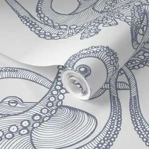 Spoonflower Fish Sea Squid Octopus Tentacles Under The Custom Pre-pasted Wallpaper - Gray,white,blue