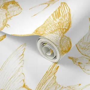 Spoonflower Birds Mustard Gold Swallows Swifts Feathers Summer Custom Removable Wallpaper - Gold,white,green
