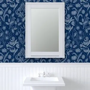 Spoonflower Bird Vintage Navy Tulip Sunflower Illustration Traditional Wallpaper