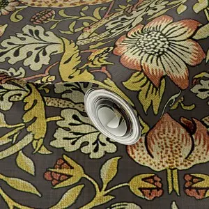 Spoonflower Bird Brown Floral Damask Classic William Morris Custom Removable Wallpaper - Brown,gray