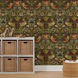 Spoonflower Bird Brown Floral Damask Classic William Morris Custom Removable Wallpaper