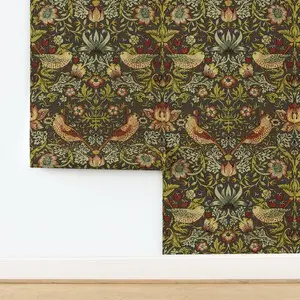 Spoonflower Bird Brown Floral Damask Classic William Morris Custom Removable Wallpaper