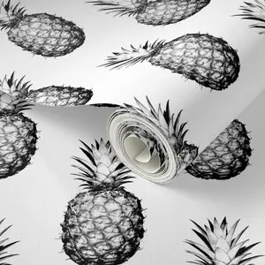 Spoonflower Pineapples Black White Large Food Pineapple Fruit Traditional Wallpaper - White,black,gray