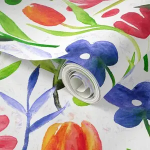Spoonflower Watercolor Bright Tulip Flowers Leaves Colorful Traditional Wallpaper - Gray,green,red