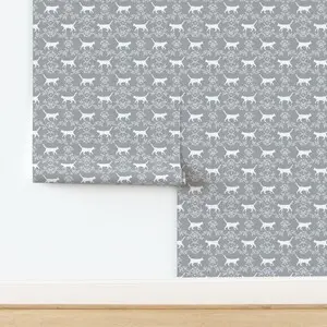 Spoonflower Cat Florals Silhouette Gray Custom Pre-pasted Wallpaper - Blue,gray