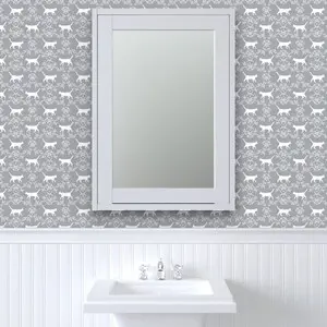 Spoonflower Cat Florals Silhouette Gray Custom Pre-pasted Wallpaper - Blue,gray