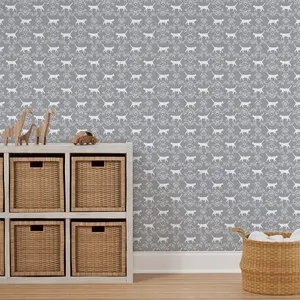 Spoonflower Cat Florals Silhouette Gray Custom Pre-pasted Wallpaper - Blue,gray