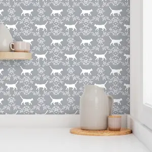 Spoonflower Cat Florals Silhouette Gray Custom Pre-pasted Wallpaper - Blue,gray