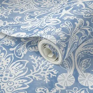 Spoonflower Beach House Damask Sea Shells Blue White Traditional Wallpaper - Blue,white