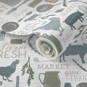 Spoonflower Round Horizontal Modern Farmhouse Farm Fresh Tea Custom Removable Wallpaper - Gray