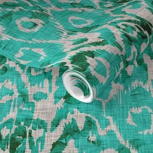 Spoonflower Turquoise Aqua Ikat Custom Pre-pasted Wallpaper - Green,gray,black