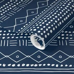 Spoonflower Mudcloth Bohemian Mayan Aztec Rustic Farmhouse Custom Pre-pasted Wallpaper - Navy,blue