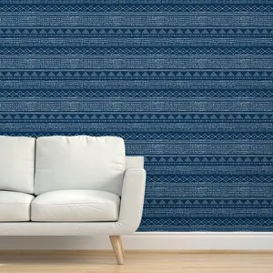 Spoonflower Mudcloth Bohemian Mayan Aztec Rustic Farmhouse Custom Pre-pasted Wallpaper - Navy,blue