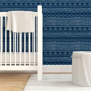 Spoonflower Mudcloth Bohemian Mayan Aztec Rustic Farmhouse Custom Pre-pasted Wallpaper - Navy,blue