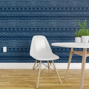 Spoonflower Mudcloth Bohemian Mayan Aztec Rustic Farmhouse Custom Pre-pasted Wallpaper - Navy,blue