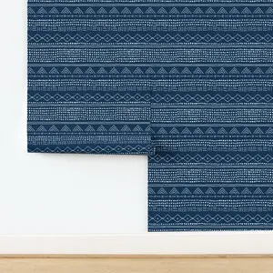 Spoonflower Mudcloth Bohemian Mayan Aztec Rustic Farmhouse Custom Pre-pasted Wallpaper - Navy,blue